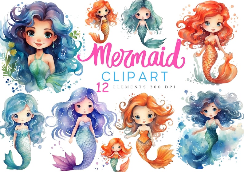 Watercolor Mermaid Clipart Cute Mermaid Watercolor Clipart - Etsy