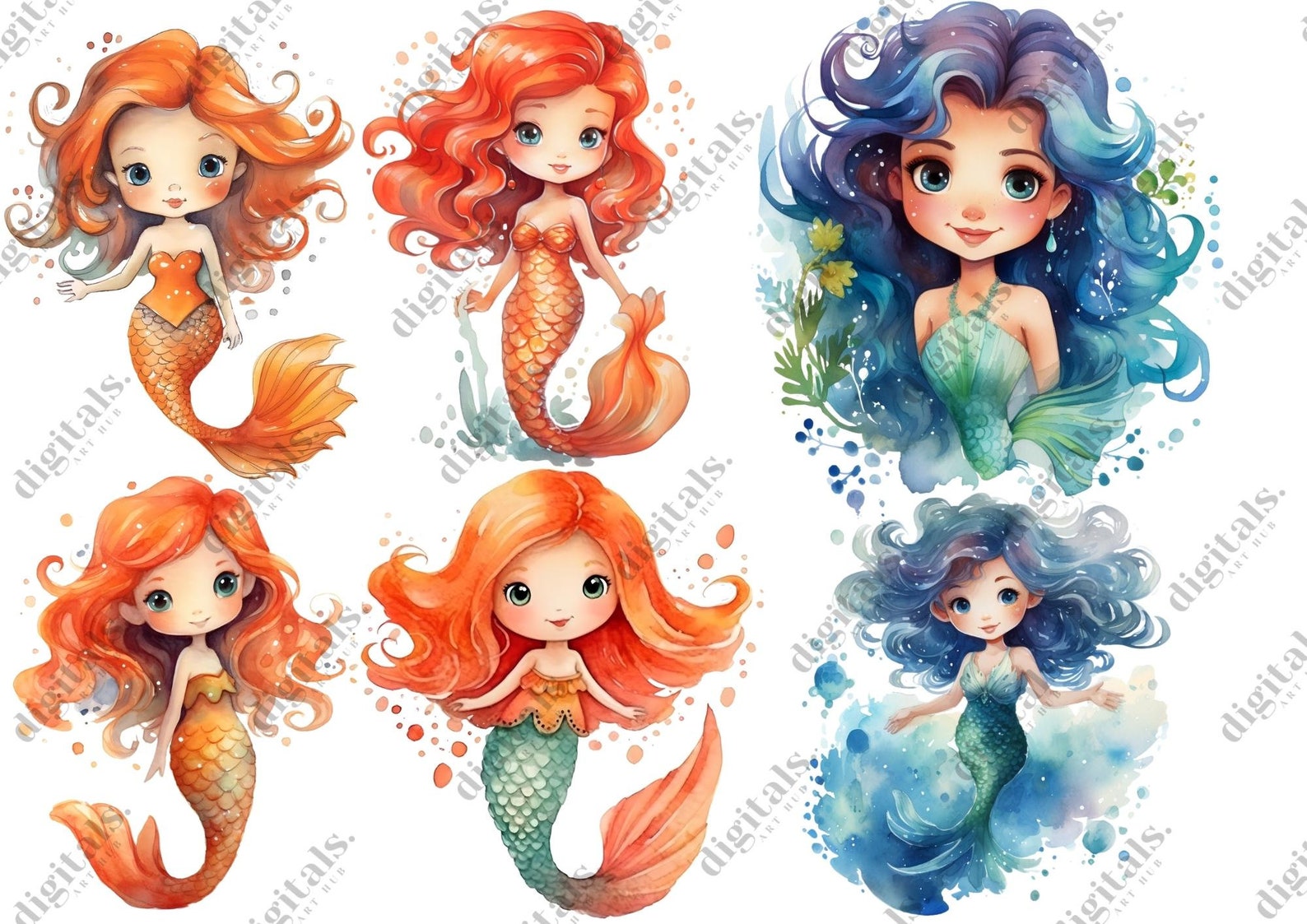 Watercolor Mermaid Clipart Cute Mermaid Watercolor Clipart - Etsy