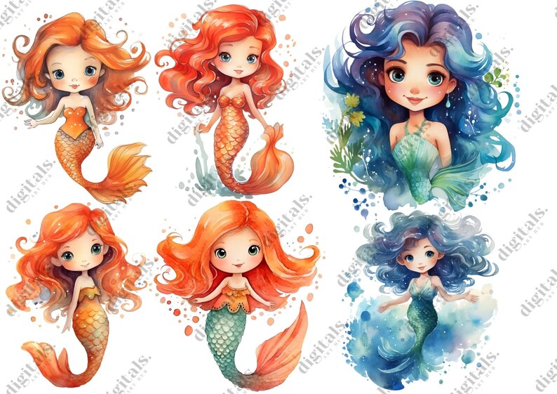Watercolor Mermaid Clipart Cute Mermaid Watercolor Clipart - Etsy