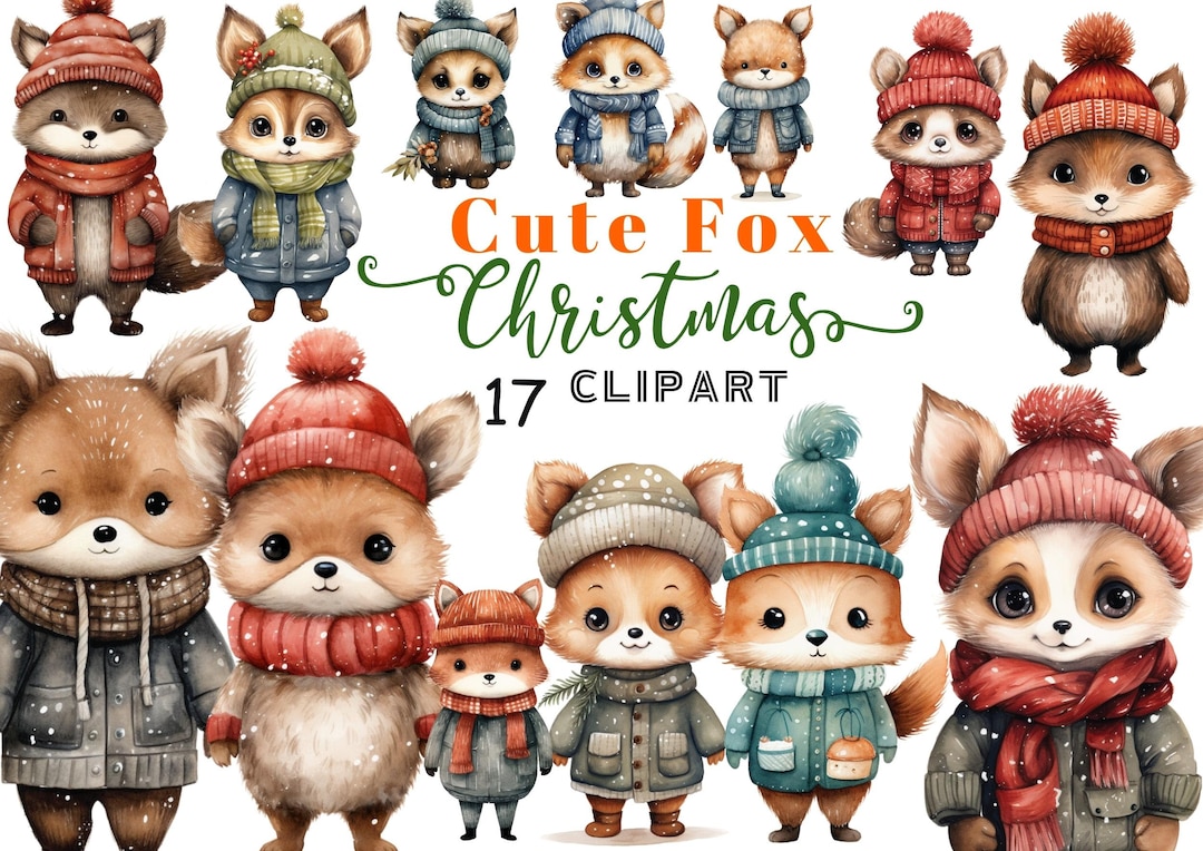 Cute Christmas Fox Clipart Bundle, Watercolor Winter Fox PNG, Woodland ...