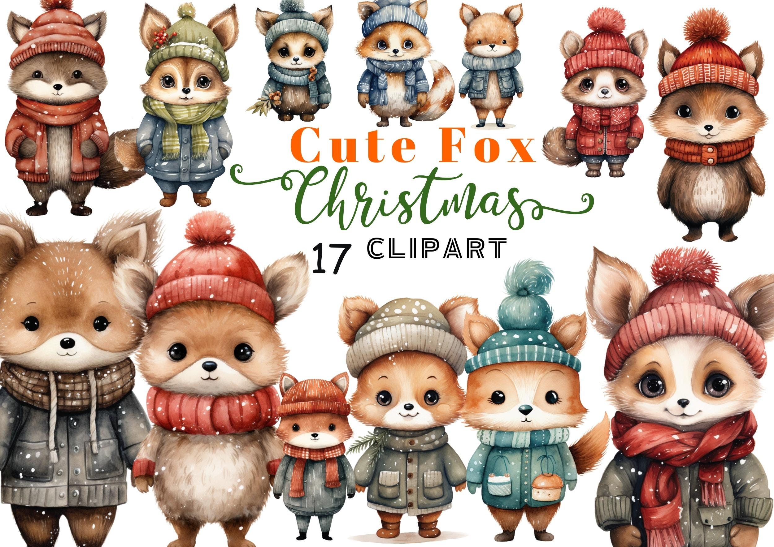 Cute Christmas Fox Clipart Bundle, Watercolor Winter Fox PNG, Woodland ...