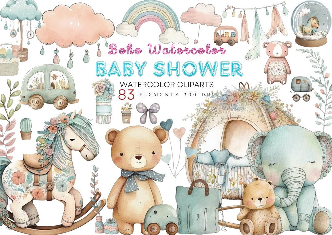 Boho Baby Shower Clipart, Watercolor Clipart, Nursery Decor PNG Clipart ...