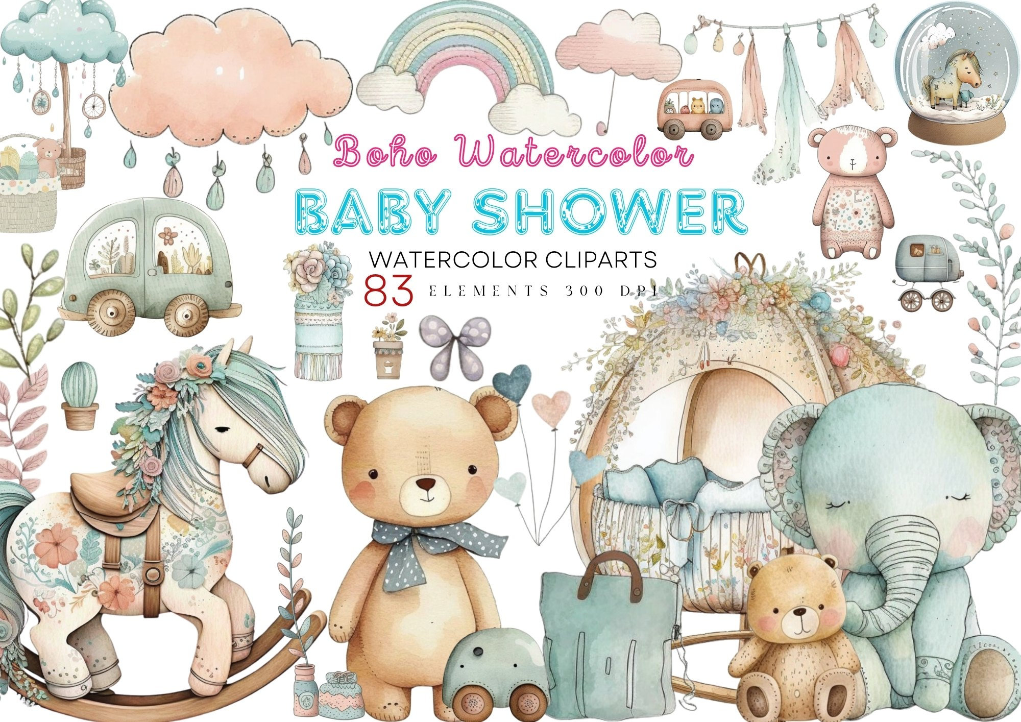 Boho Baby Shower Clipart Watercolor Clipart Nursery Decor - Etsy UK