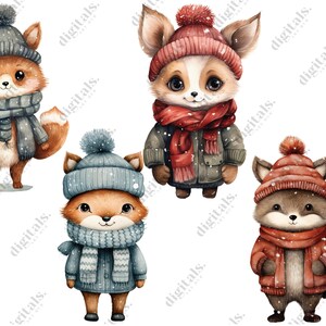 Cute Christmas Fox Clipart Bundle, Watercolor Winter Fox PNG, Woodland ...
