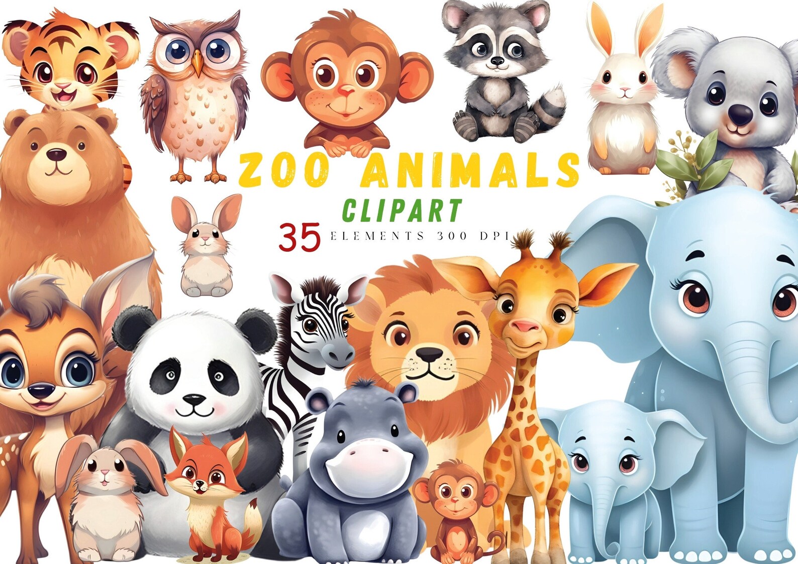 Watercolor Zoo Animals Clipart Baby Animals Clip Art - Etsy