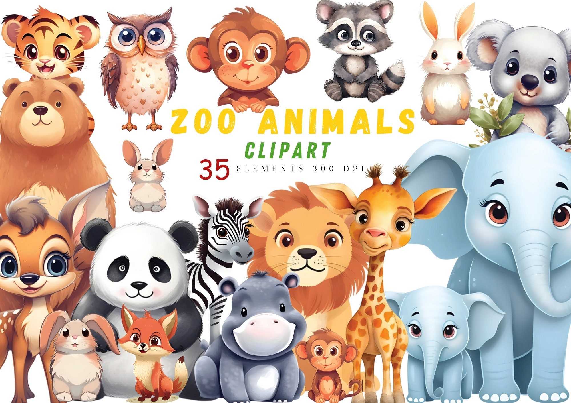 Watercolor Zoo Animals Clipart Baby Animals Clip Art - Etsy