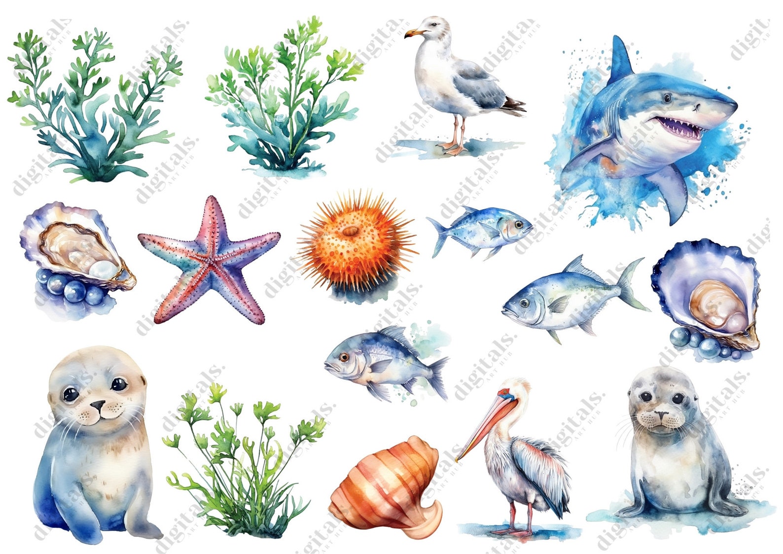 Under the Sea Watercolor Clipart, Cute Sea Creatures, Insant Download ...