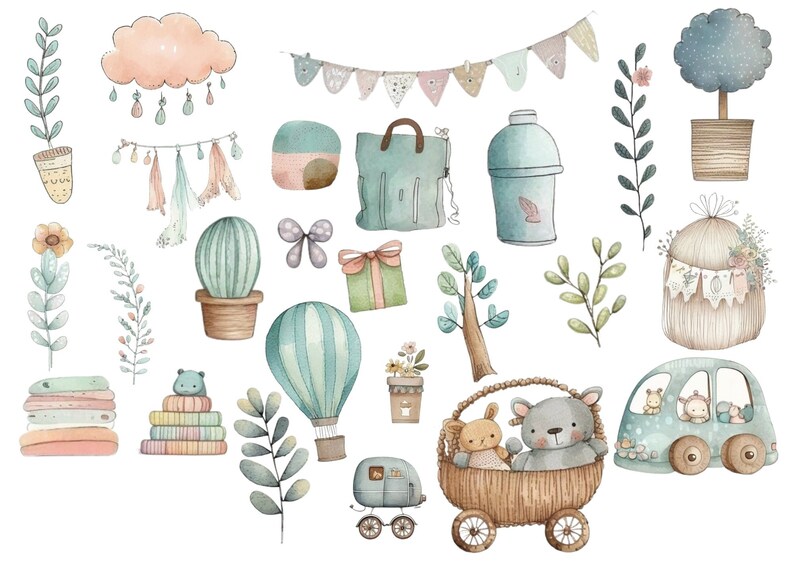 Boho Baby Shower Clipart, Watercolor Clipart, Nursery Decor PNG Clipart ...