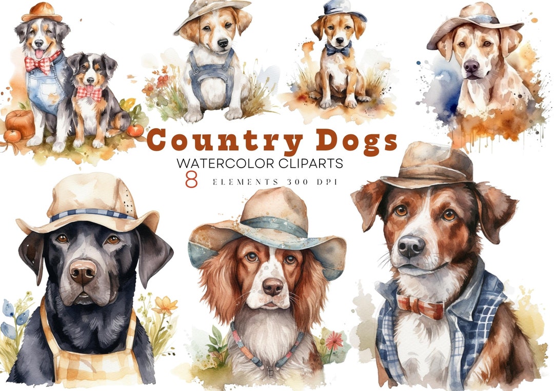 Watercolor Country Dogs Clipart PNG, Western Dogs With Hats Clipart ...