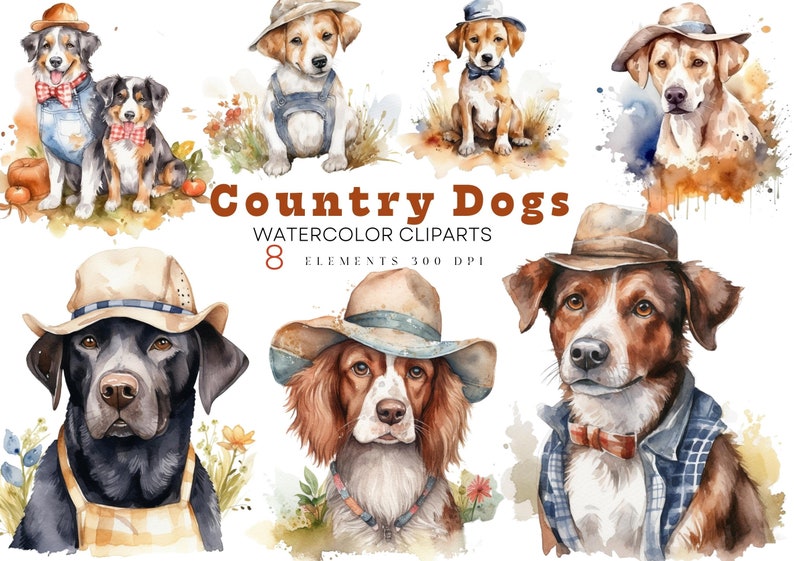Watercolor Country Dogs Clipart PNG Western Dogs With Hats - Etsy