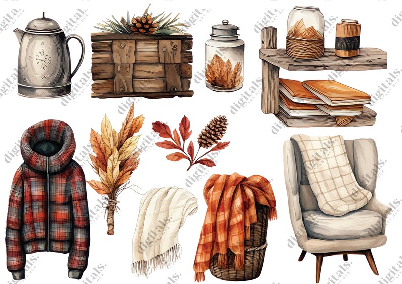 Watercolor Autumn Clipart Cozy Fall Clipart Bundle 53 PNG - Etsy