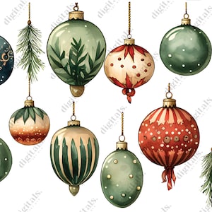 Christmas Ornament Watercolor Clipart, Traditional Holiday Christmas ...