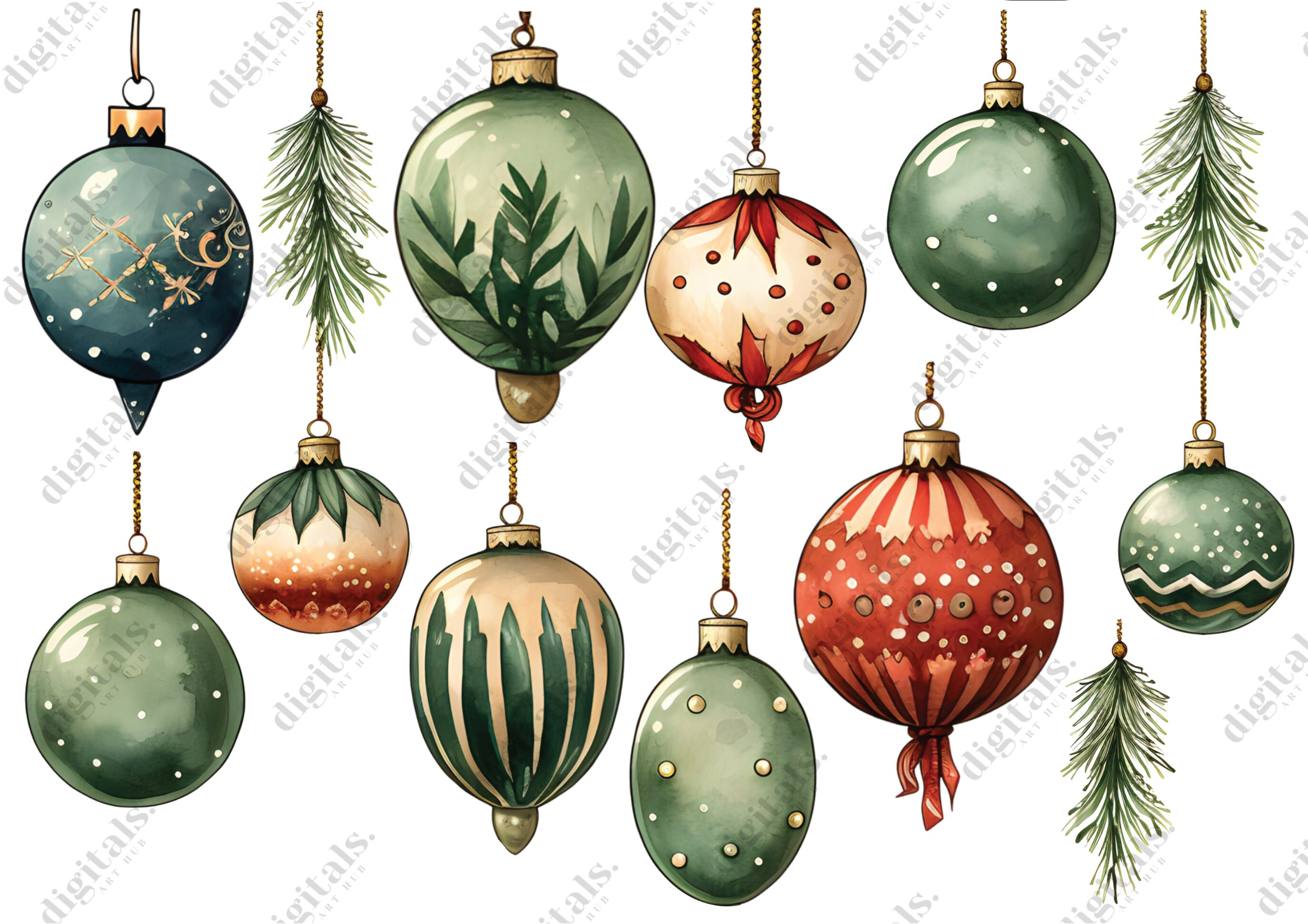 Christmas Ornament Watercolor Clipart, Traditional Holiday Christmas ...