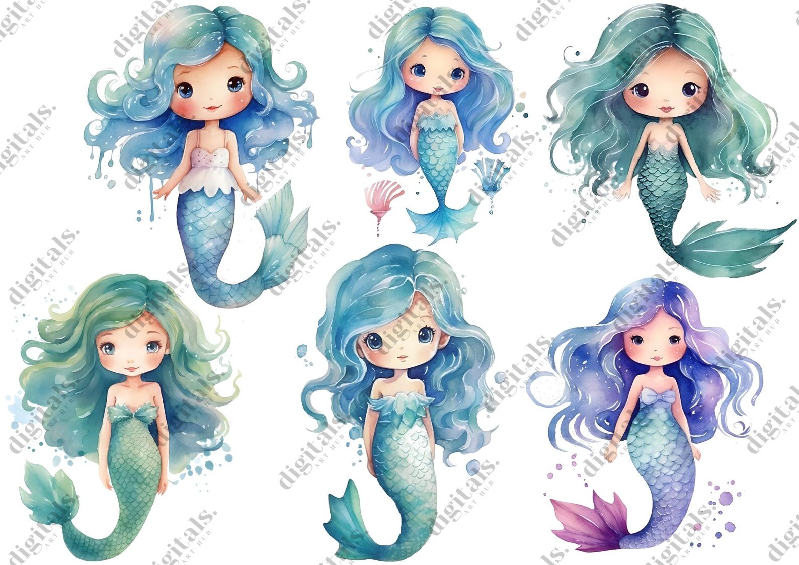 Watercolor Mermaid Clipart Cute Mermaid Watercolor Clipart - Etsy