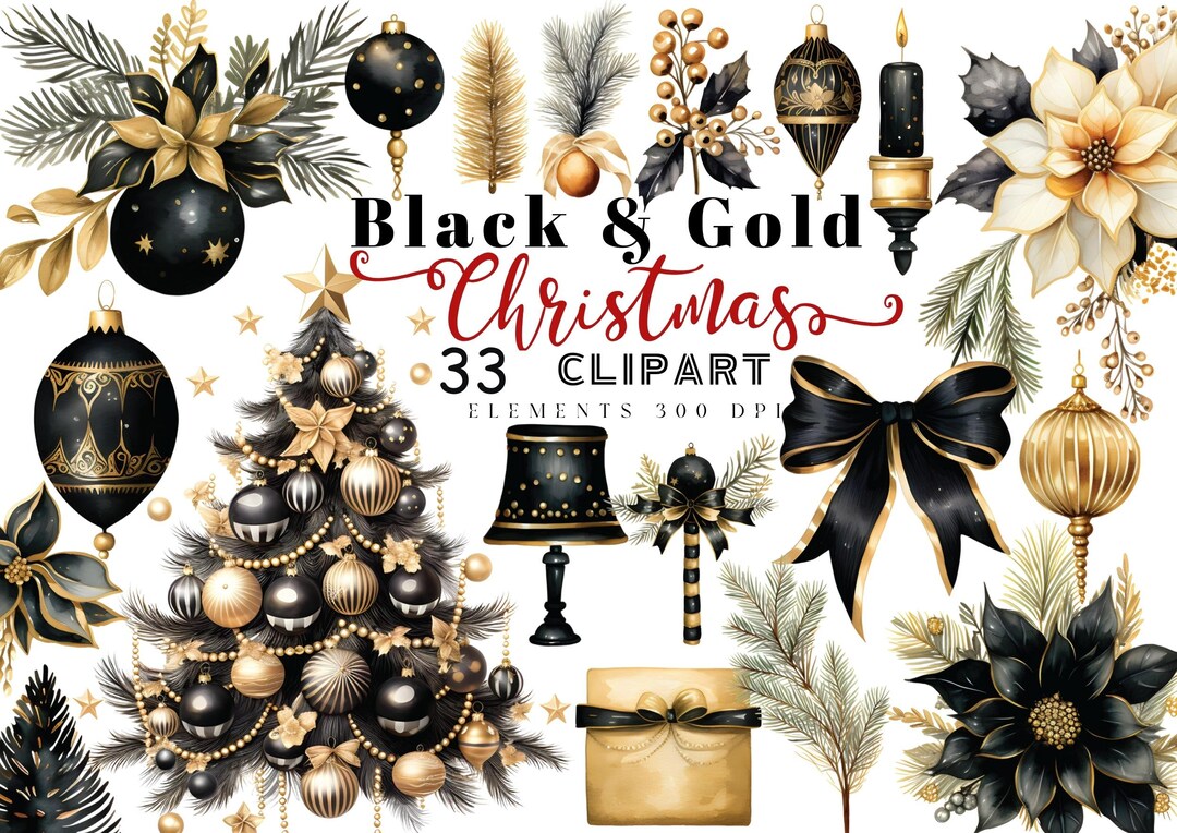 Black & Gold Christmas Clipart Watercolor Bundle, Watercolor Christmas ...