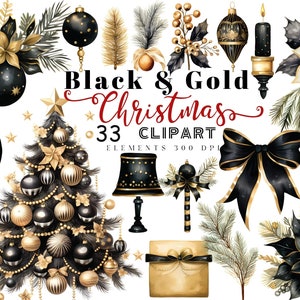 Black & Gold Christmas Clipart Watercolor Bundle, Watercolor Christmas ...