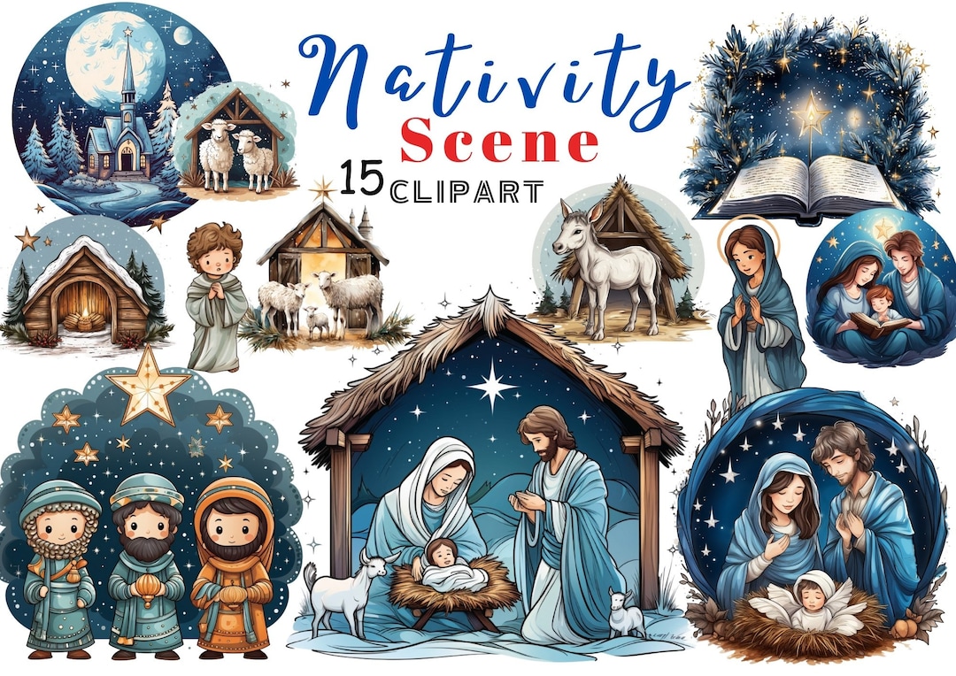 Holy Night Clipart, Christmas Watercolor Clipart, Mary and Joseph, Baby ...