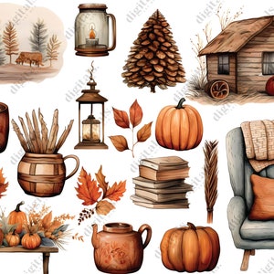 Watercolor Fall Decoration Clipart, 60 PNG Watercolor Autumn ...