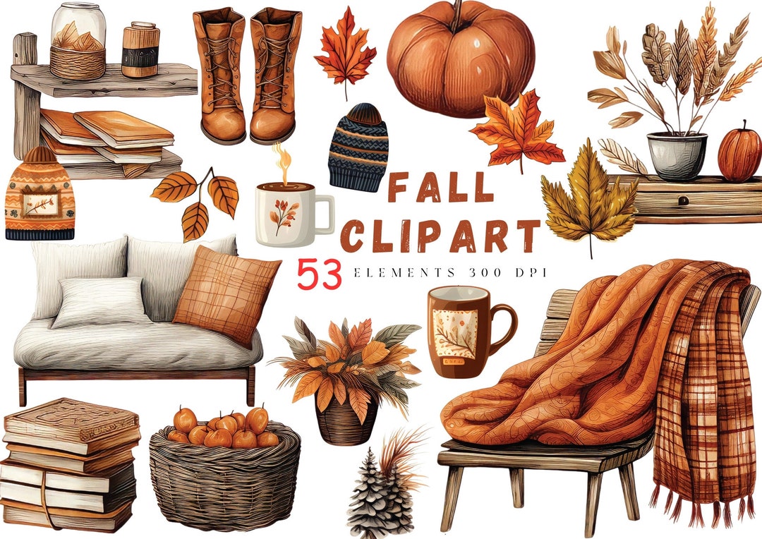 Watercolor Autumn Clipart, Cozy Fall Clipart Bundle, 53 PNG Watercolor ...