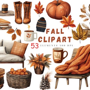 Watercolor Autumn Clipart, Cozy Fall Clipart Bundle, 53 PNG Watercolor ...