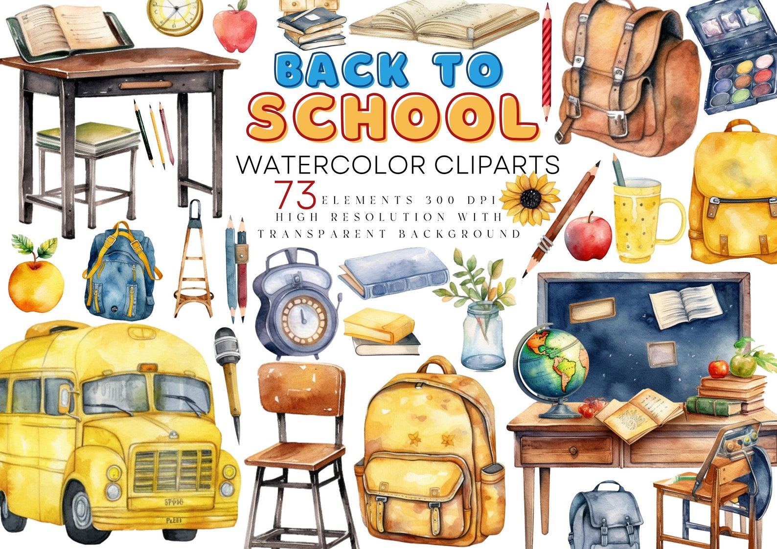 Watercolor Back to School Clipart School Png Bundle for - Etsy UK