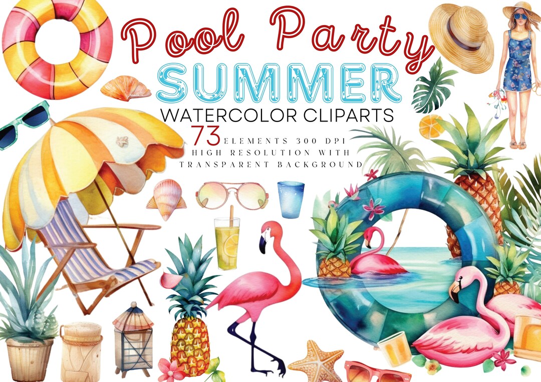 Watercolor Pool Party Summer Clipart Collection, Beach Party Clipart ...
