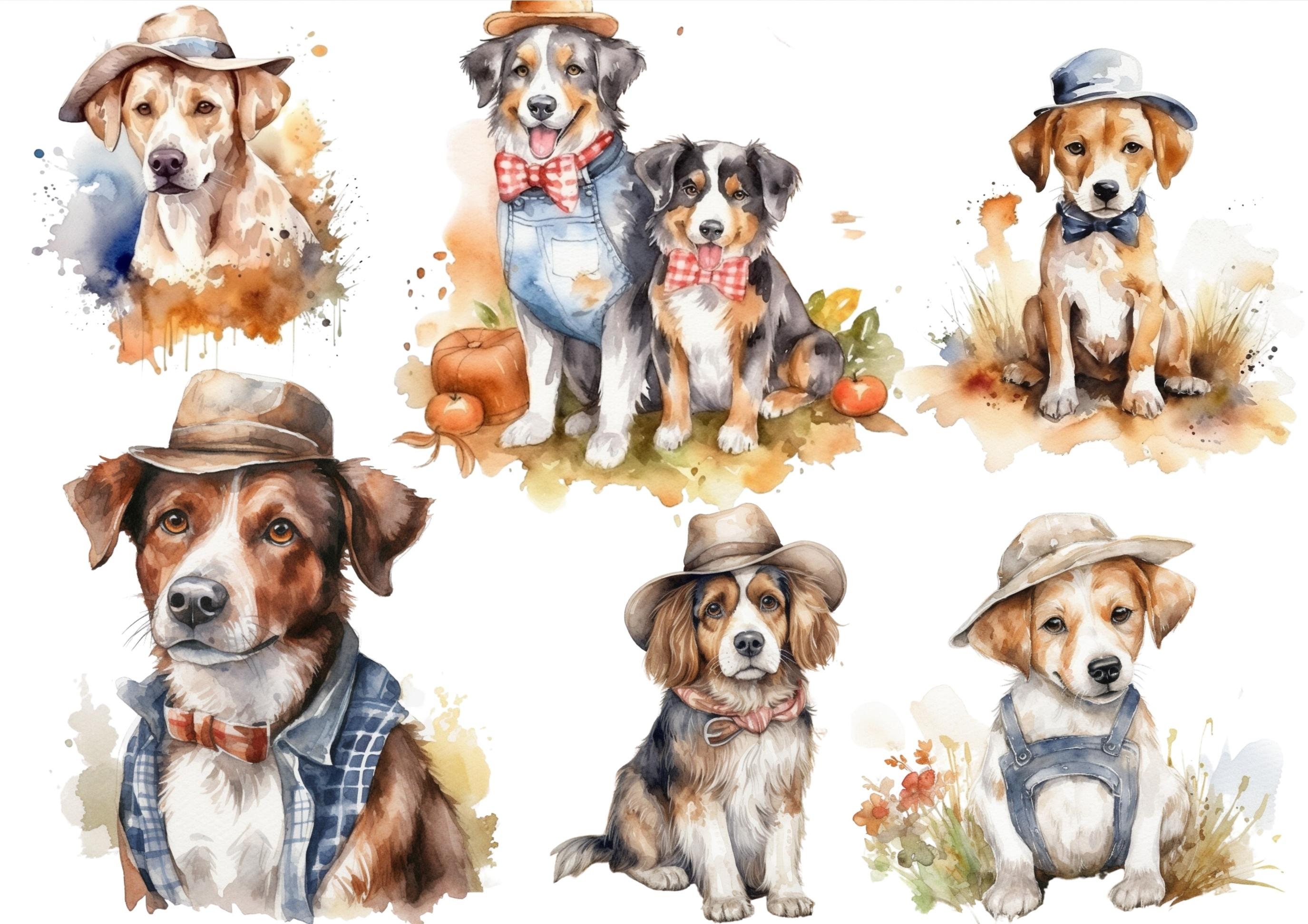 Watercolor Country Dogs Clipart PNG Western Dogs With Hats - Etsy