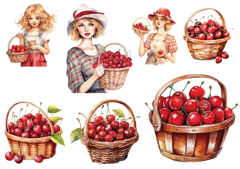 Watercolor Cherry Clipart, Red Fruit Clipart PNG, Instant Download ...