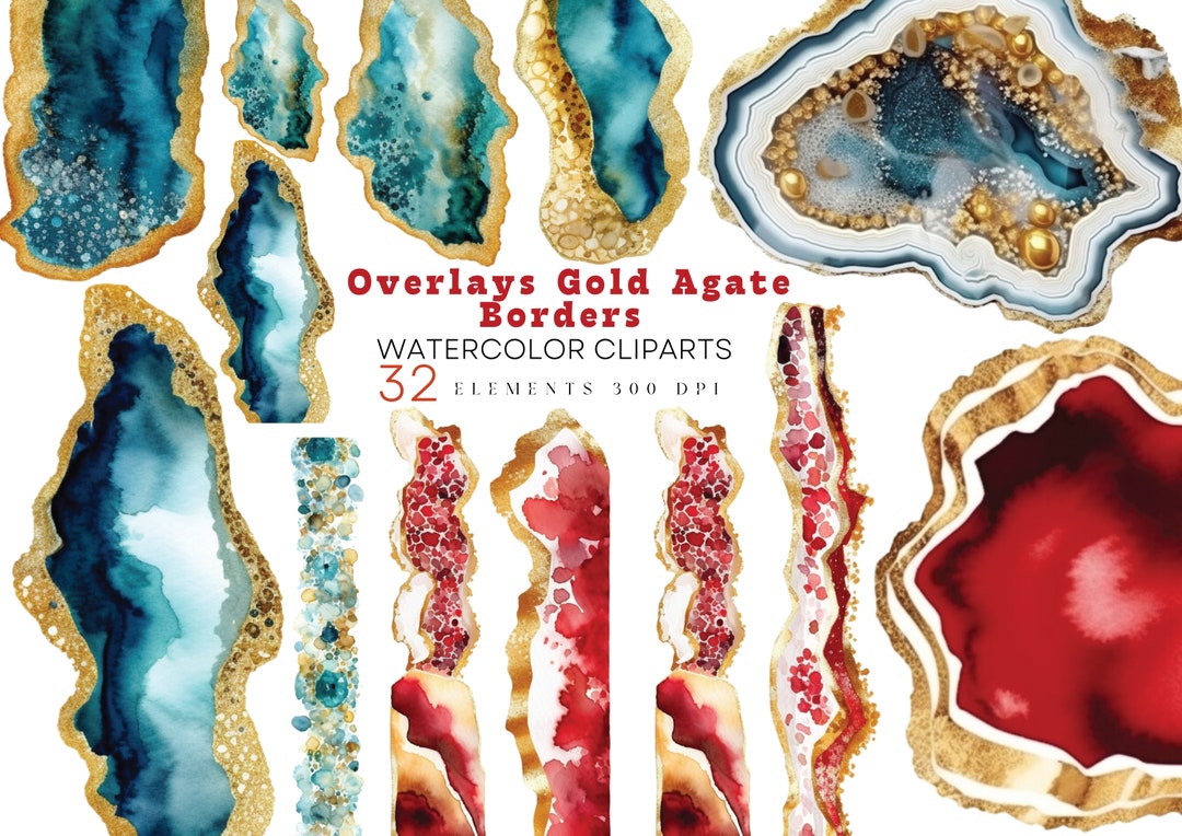 Agate Borders Digital Watercolor Clipart Green and Red With Gold Agate ...