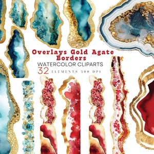 Agate Borders Digital Watercolor Clipart Green and Red With Gold Agate ...