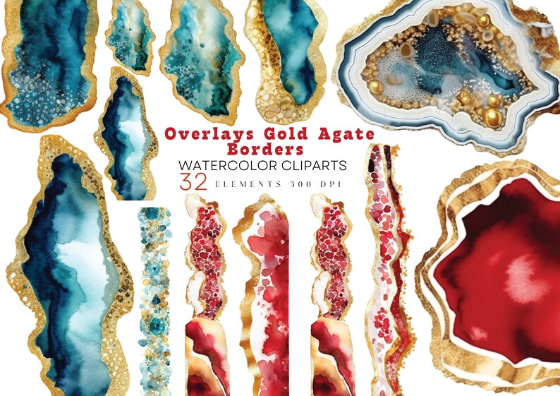 Agate Borders Digital Watercolor Clipart Green and Red With - Etsy