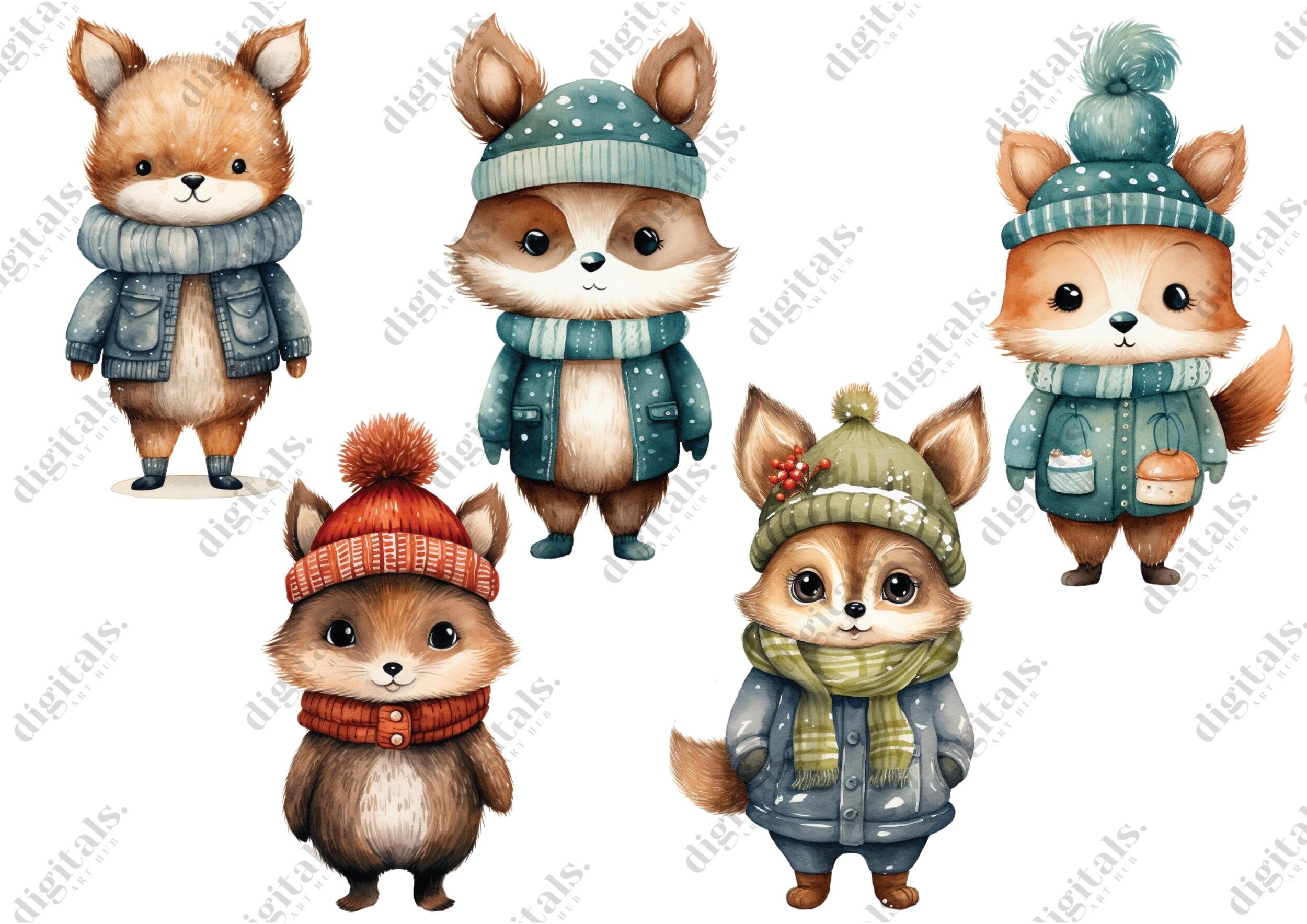 Cute Christmas Fox Clipart Bundle, Watercolor Winter Fox PNG, Woodland ...