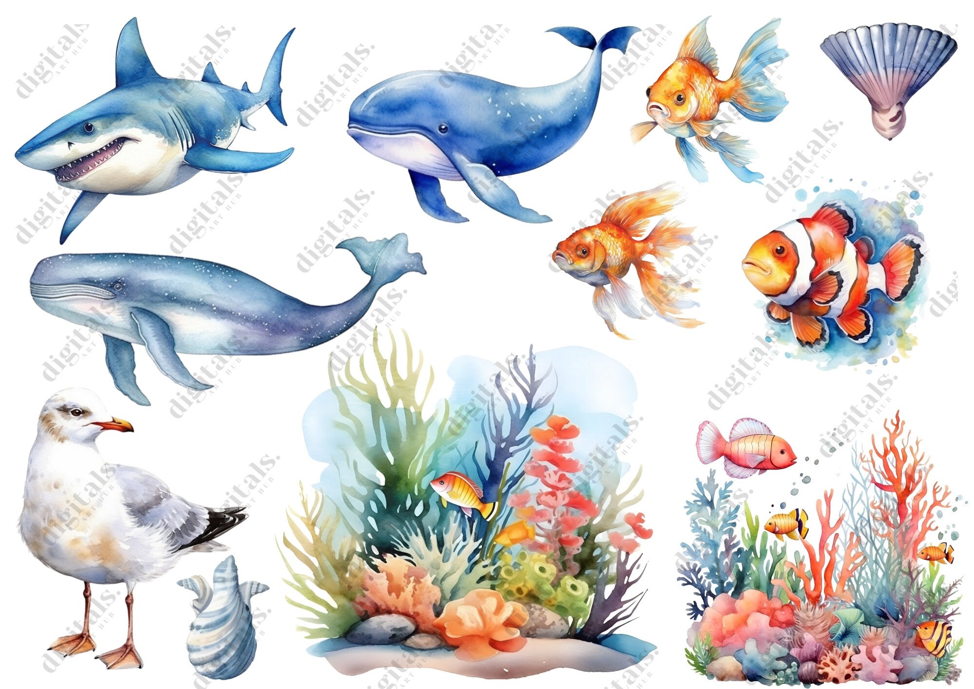 Under the Sea Watercolor Clipart Cute Sea Creatures Insant - Etsy