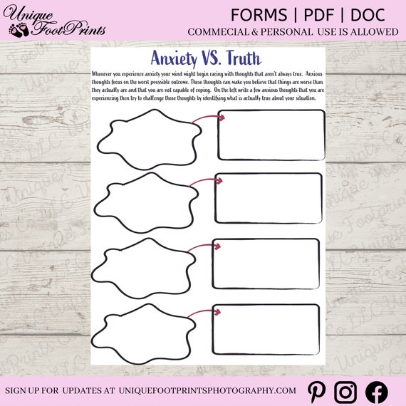 Anxiety Vs Truth Worksheet Anxiety and Truth Worksheet - Etsy