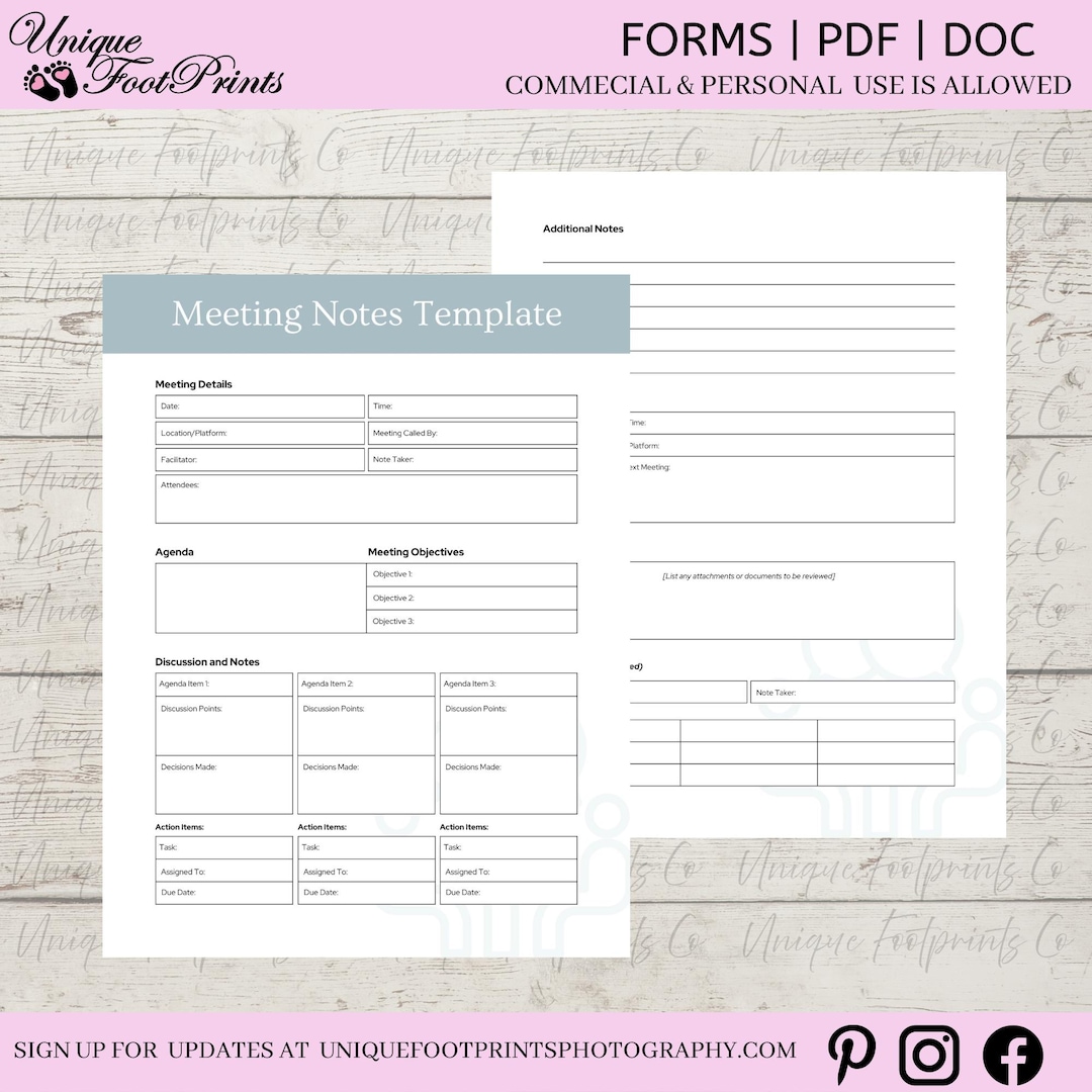 Meeting Notes Template, Editable Meeting Minutes, Printable Business ...