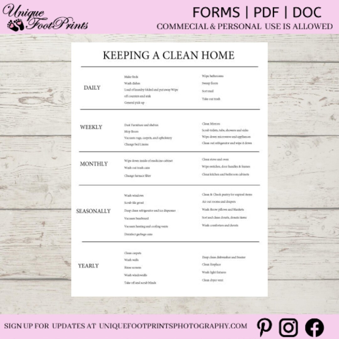 Daily, Weekly, Monthly Cleaning, to Do List, Spring Clean, Deep Clean ...