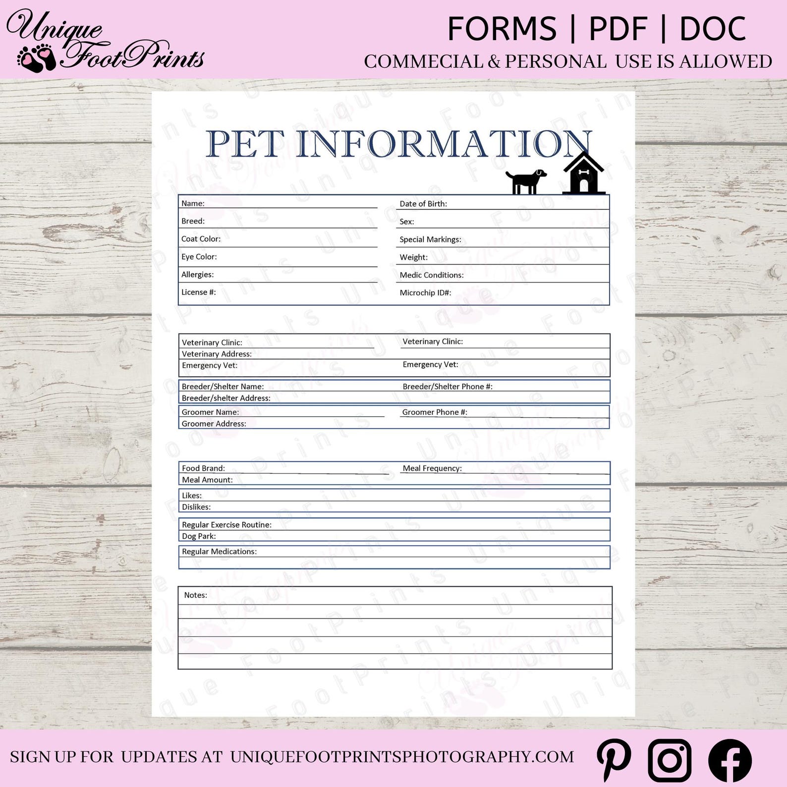 Pet Information Sheet-dog Care Sheet- Dogcare Business- Dog Care ...