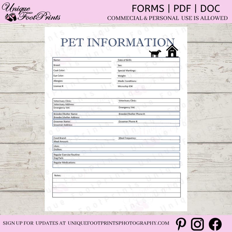 Pet Information Sheet-dog Care Sheet- Dogcare Business- Dog Care ...