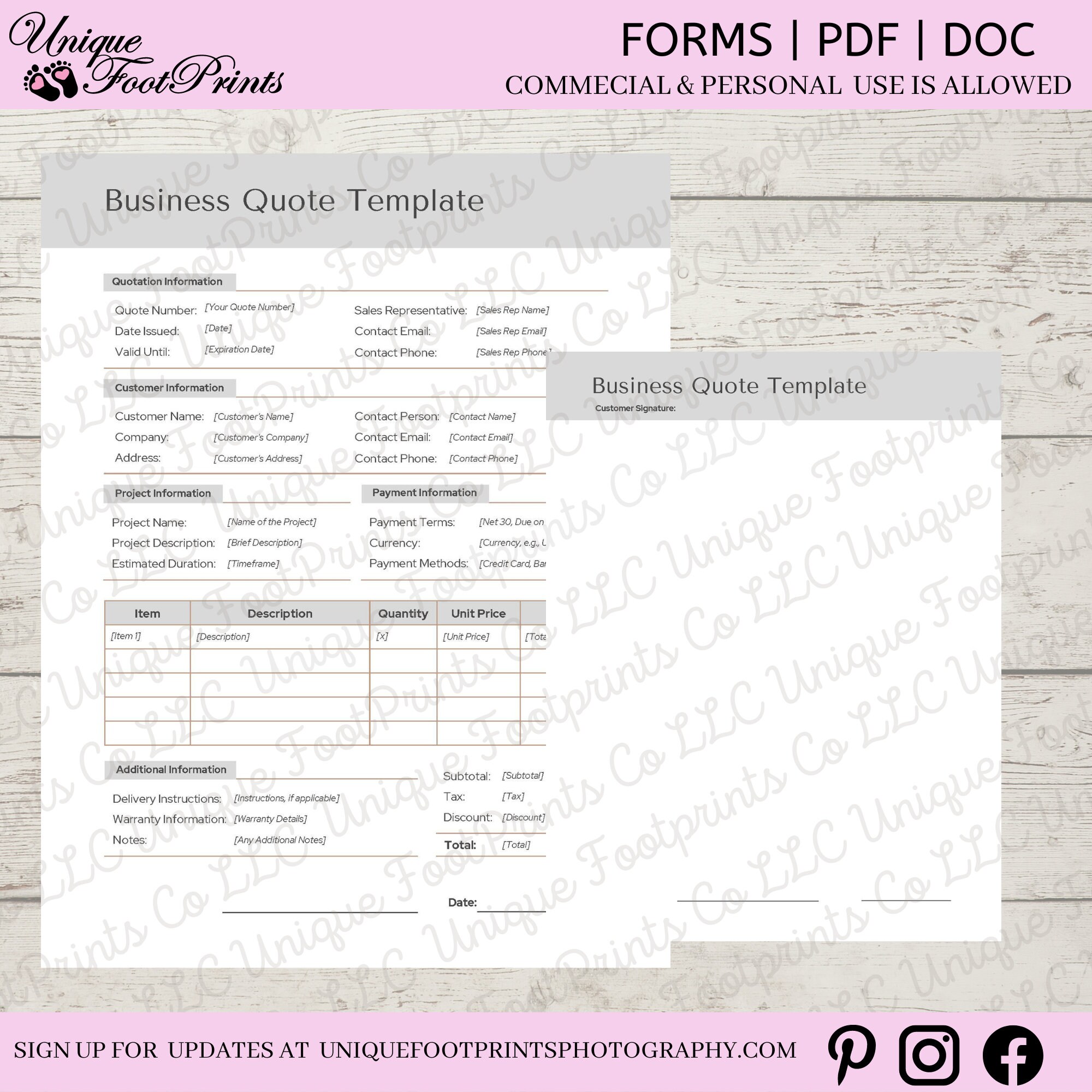 Quotation Template, EDITABLE Quote Form, Small Business, Invoice Order ...
