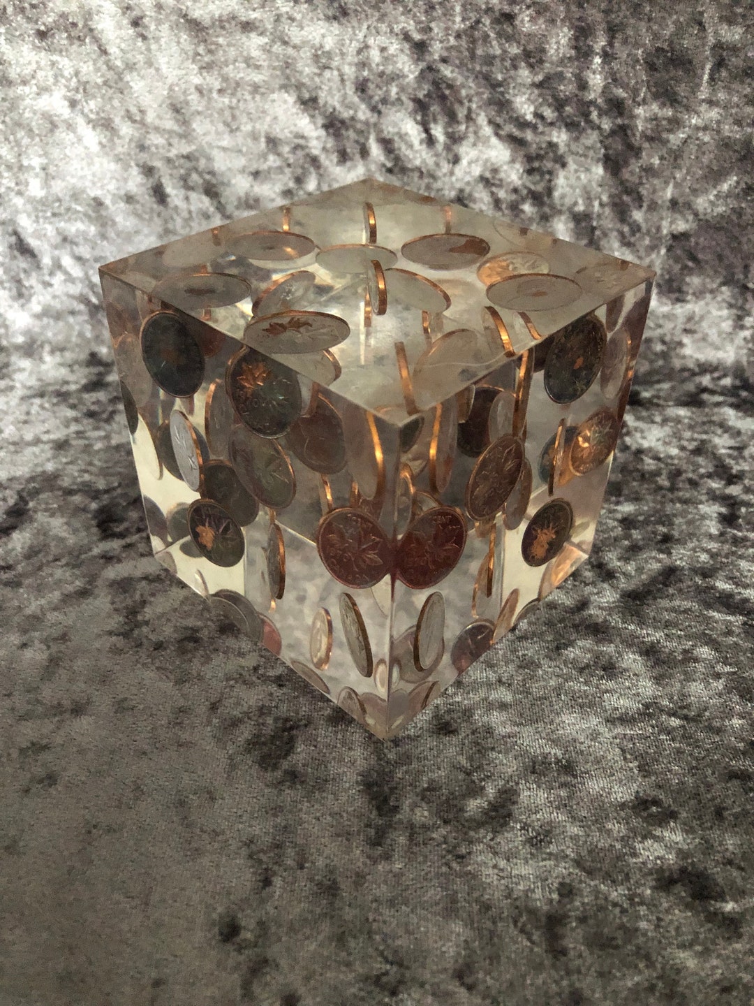 Vintage Acrylic Paperweight Cube Floating Canadian Coins 1970 - Etsy