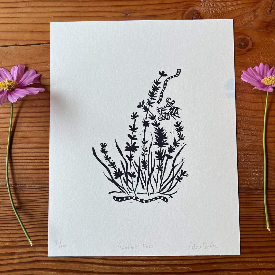Lavender Buzz Print on Cardstock, Linocut, Block Print, Floral Print ...