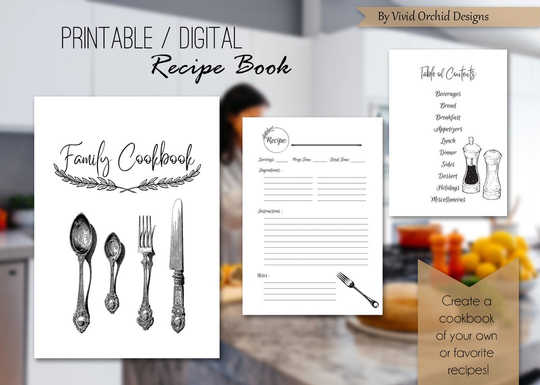 Printable / Digital Recipe Book, Kitchen Utensil Theme, Recipe Book ...