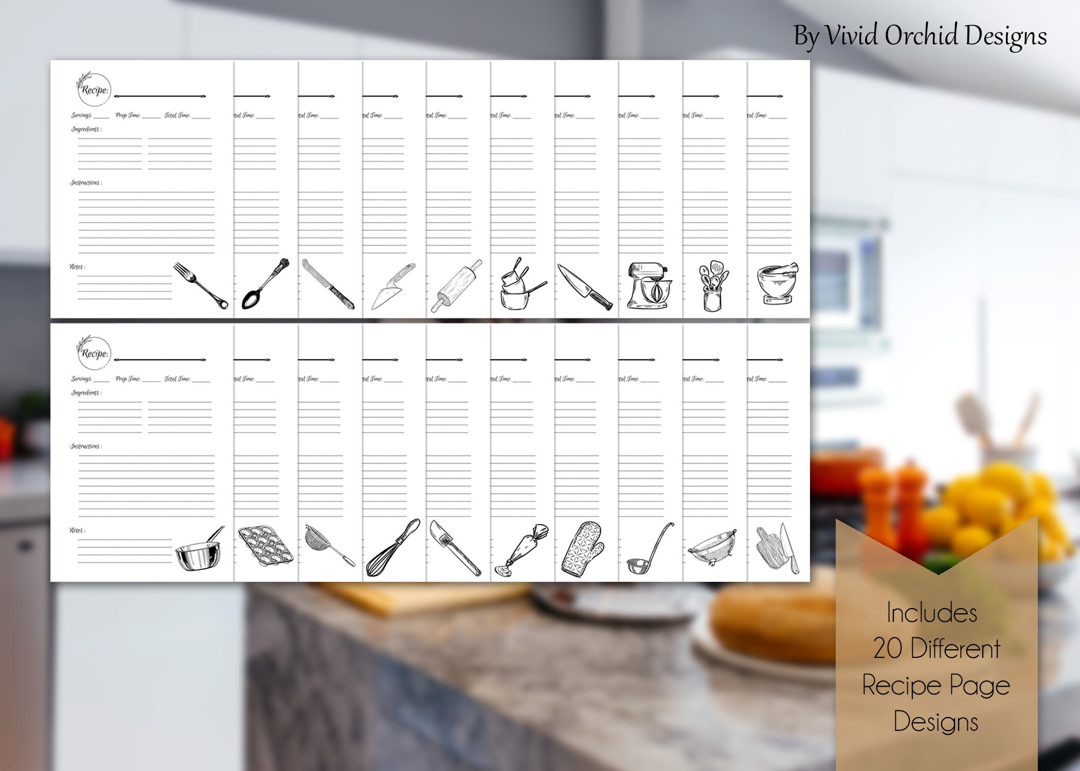 Printable / Digital Recipe Book, Kitchen Utensil Theme, Recipe Book ...