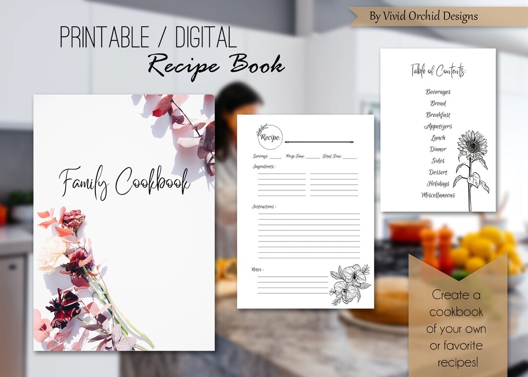 Printable / Digital Recipe Book, Floral Theme, Recipe Book Template ...
