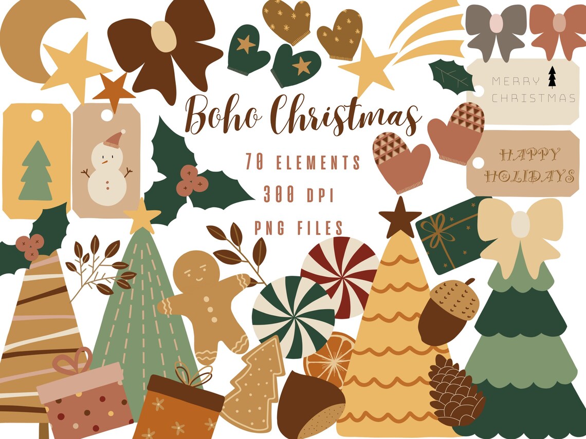 Boho Christmas Clipart Boho Christmas PNG Christmas PNG Boho Holiday ...