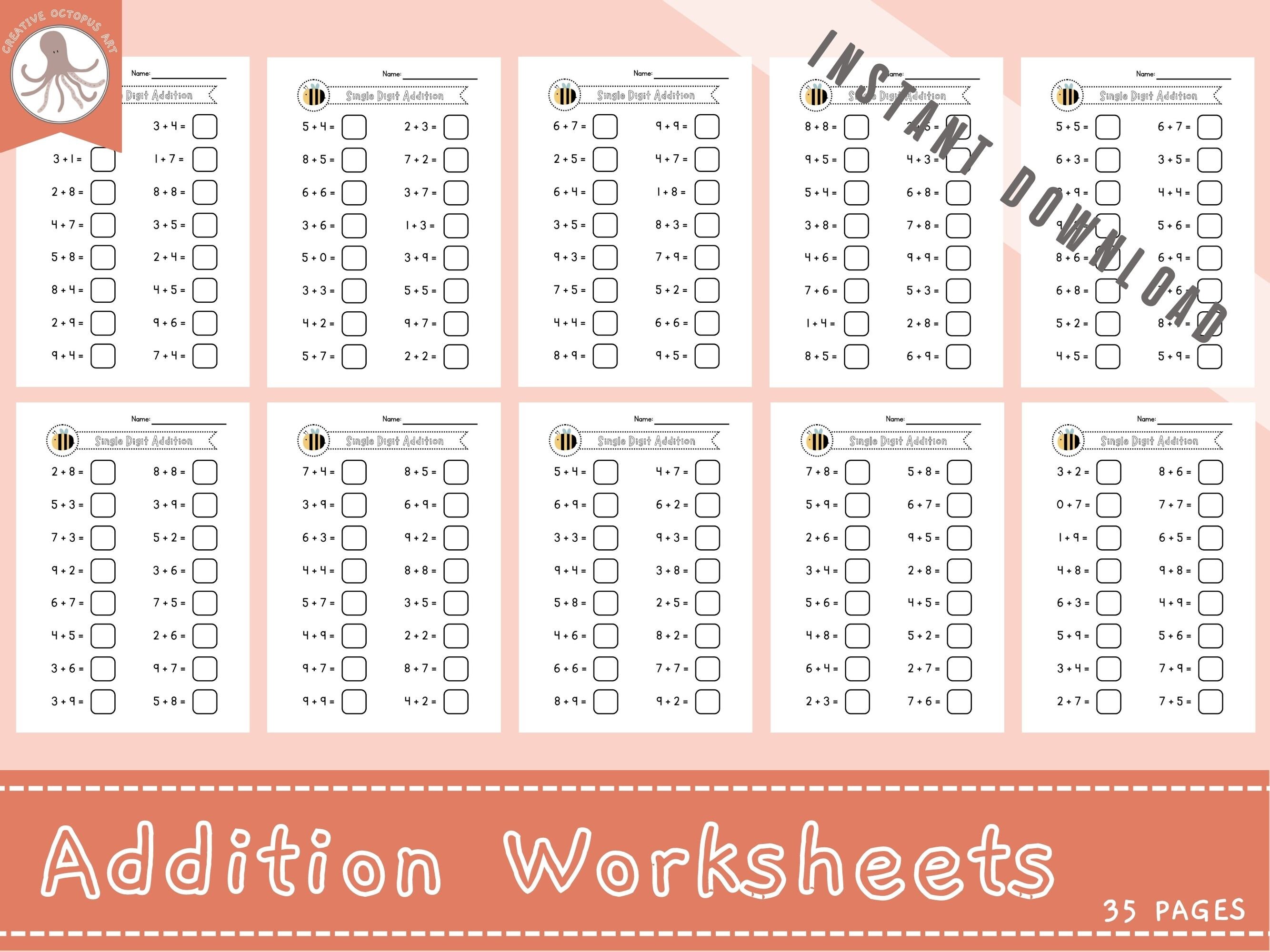 Addition Worksheets Single Digit Addition Kindergarten Worksheets ...
