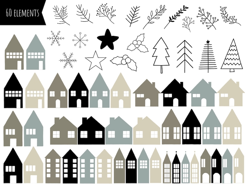 Christmas Village Clipart, Winter Village Clipart, Nordic Houses ...