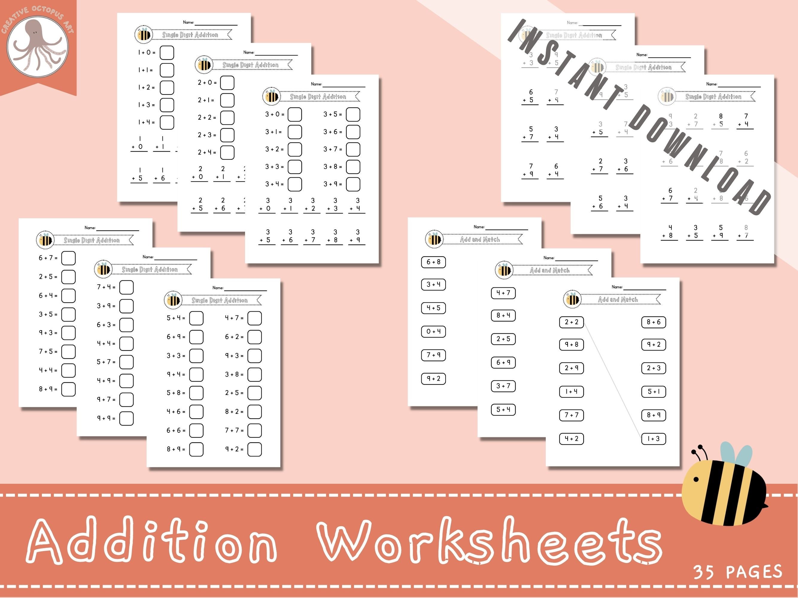 Addition Worksheets Single Digit Addition Kindergarten Worksheets ...