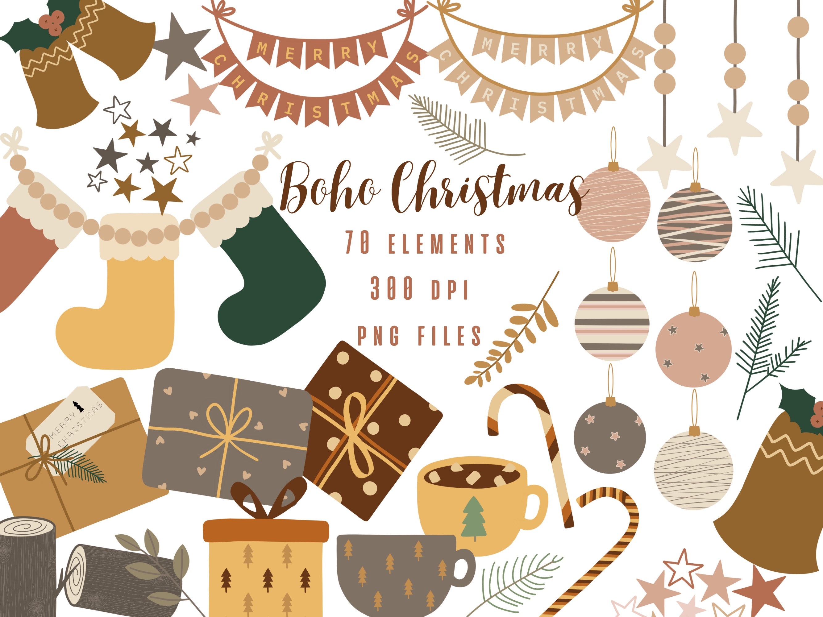 Boho Christmas Clipart Boho Christmas PNG Christmas PNG Boho Holiday ...