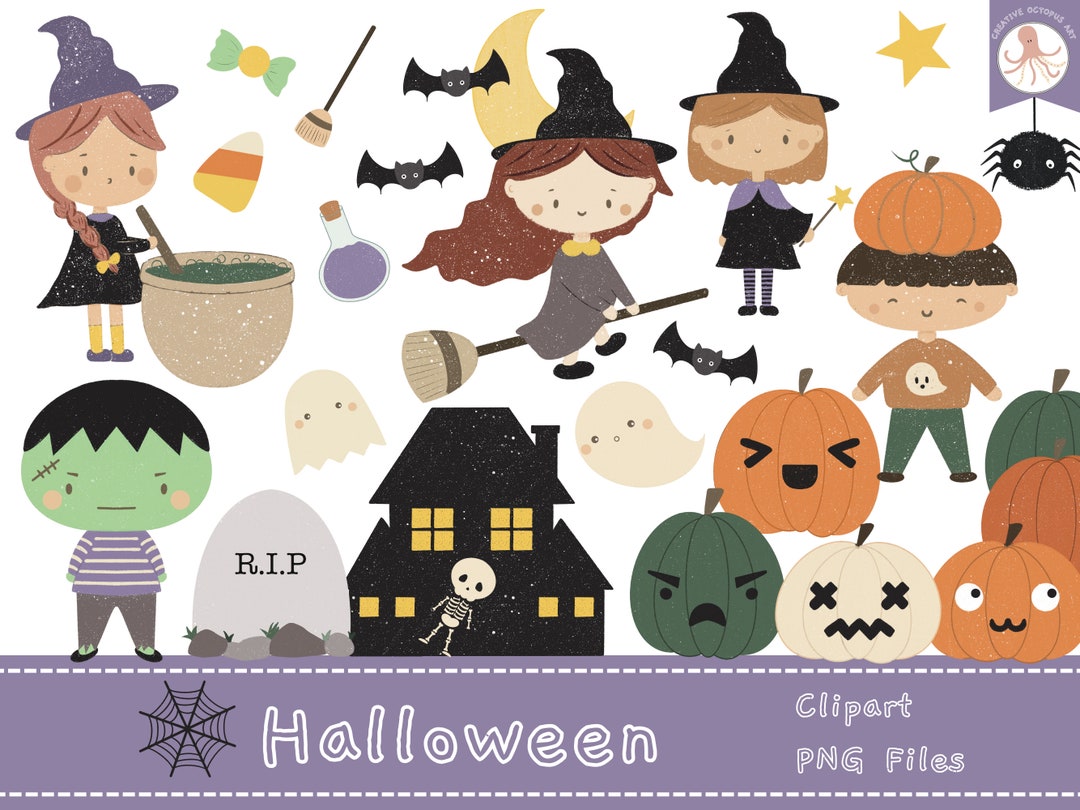 Cute Spooky Halloween Clipart Set | Kawaii Witch, Jack-o'-lanterns ...